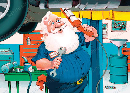 Santa Mechanic Card | Under Car on Lift | For Auto Pros