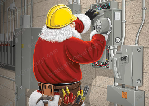 Electrician Christmas Card | Santa at Electrical Panel